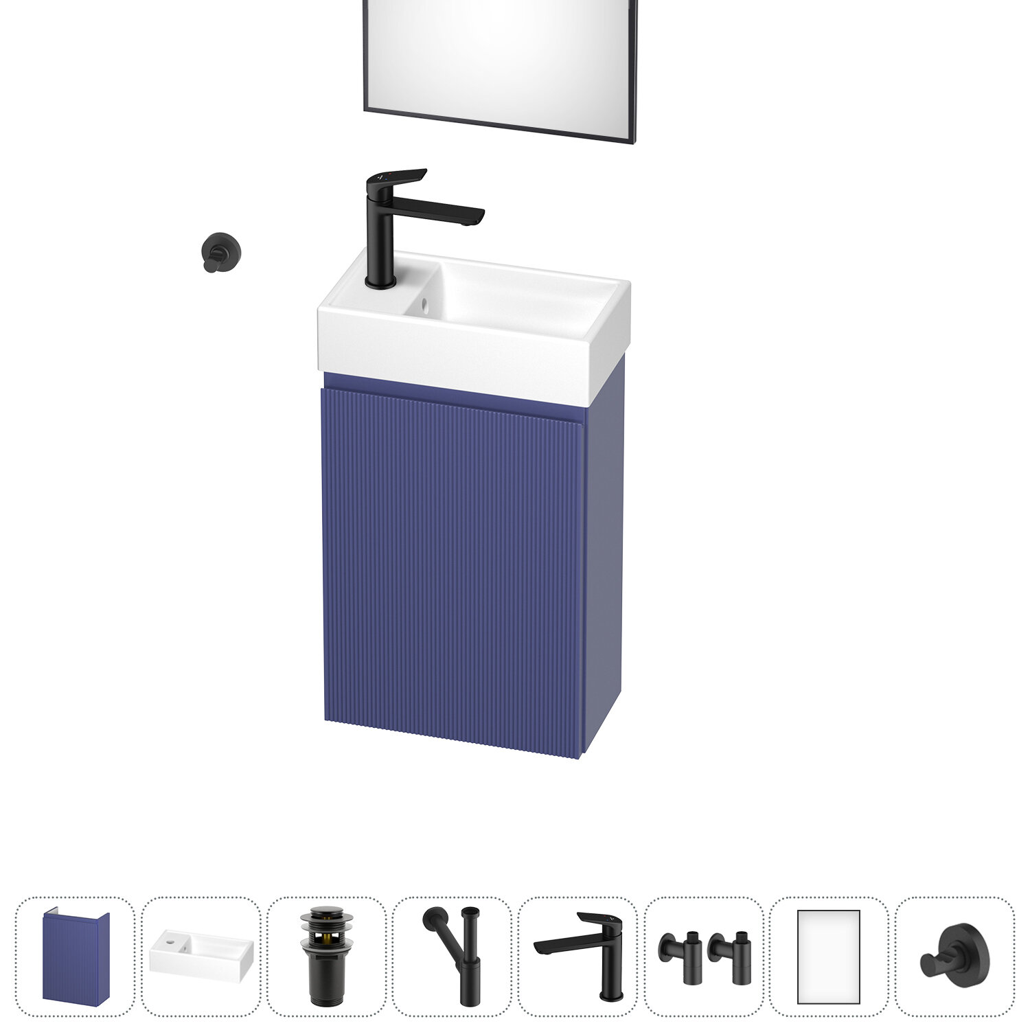 Влагостойкая тумба с раковиной в ванную комнату или туалет Wellsee WC Area 20216939R в наборе 8 в 1: тумба 40 см (матовый синий), маленькая раковина, донный клапан, сифон, смеситель, вентили 2 шт, зеркало, крючок (цвет набора матовый черный)