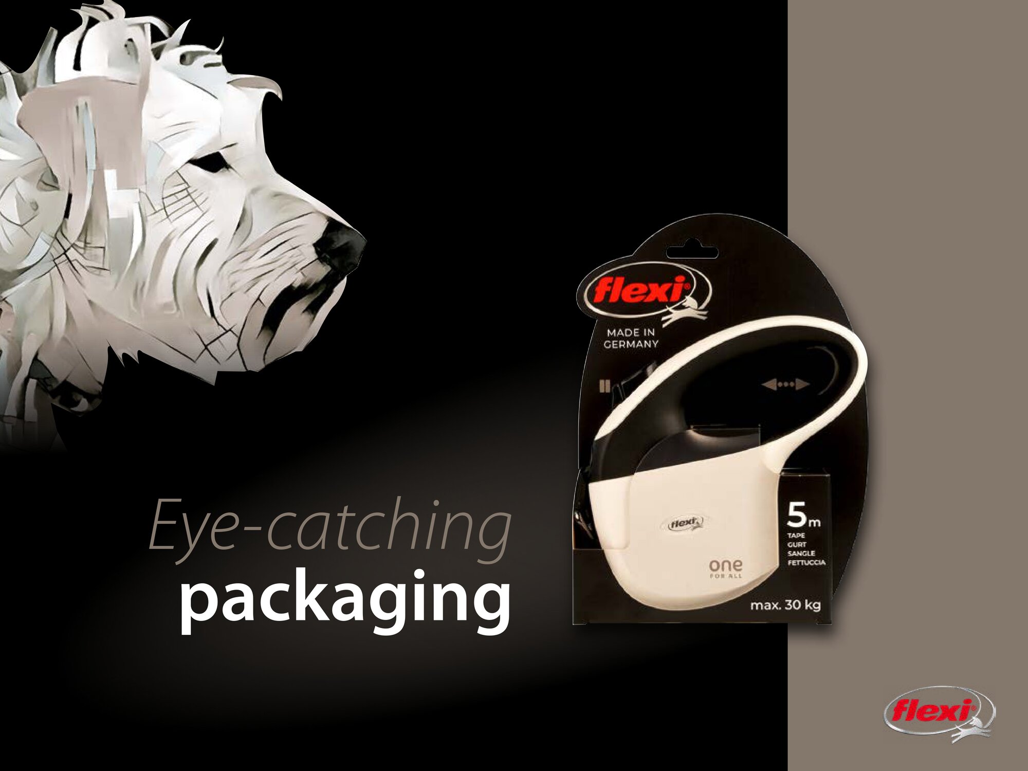 Поводок-рулетка "Flexi One For All", 5 м, 30 кг, белый/чёрный