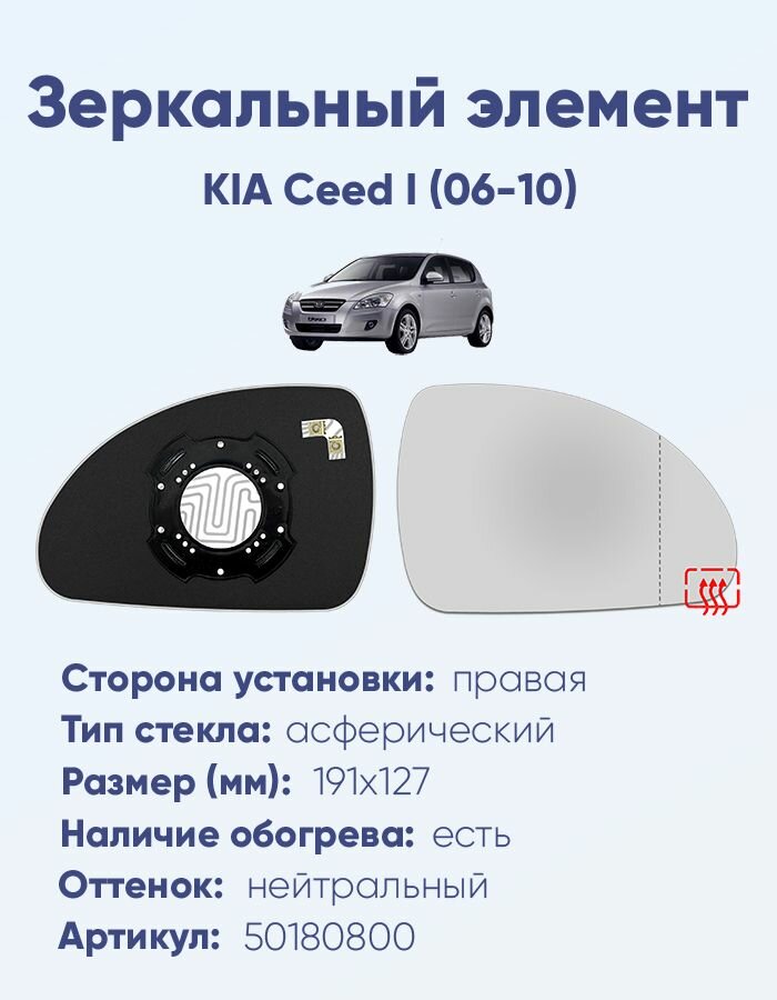 Зеркальный элемент правый KIA Ceed I (06-10) асферика нейтральный с обогревом