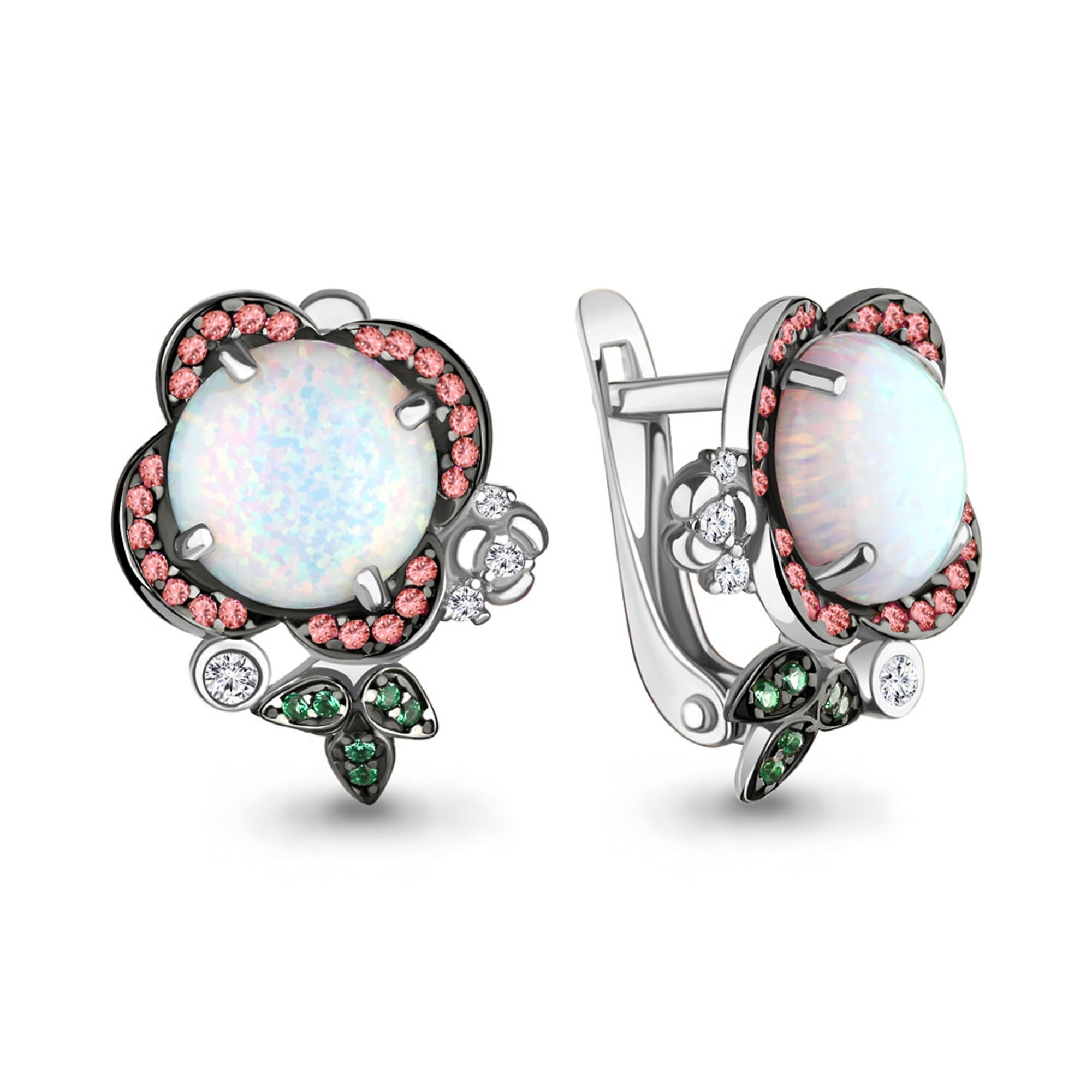 Серьги, серебро, 925 проба, родирование, фианит, опал, кристалл, изумруд синтетический