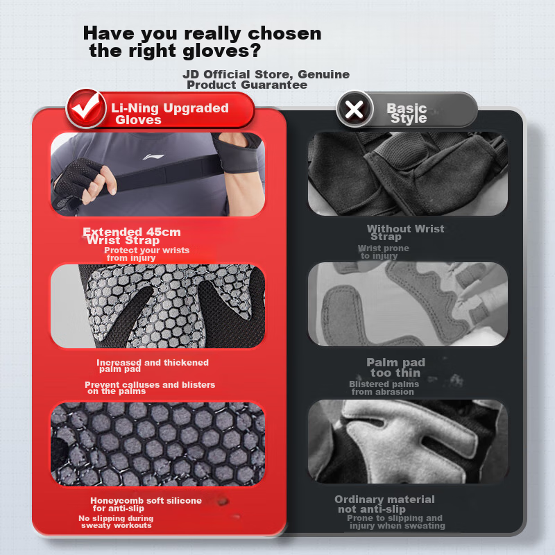 Li-Ning Fitness Gloves for Men, Single Bar Exercise Equipment, Pull-Up Training, Non-Slip, Women's Weightlifting, Dumbbell, Cycling, Fingerless Gloves