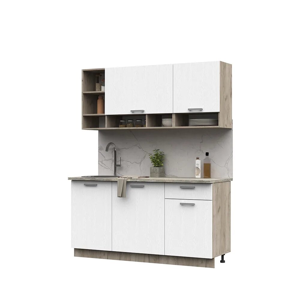 Кухня модульная Рица 1,6, крафт серый/белый текстура (1600)