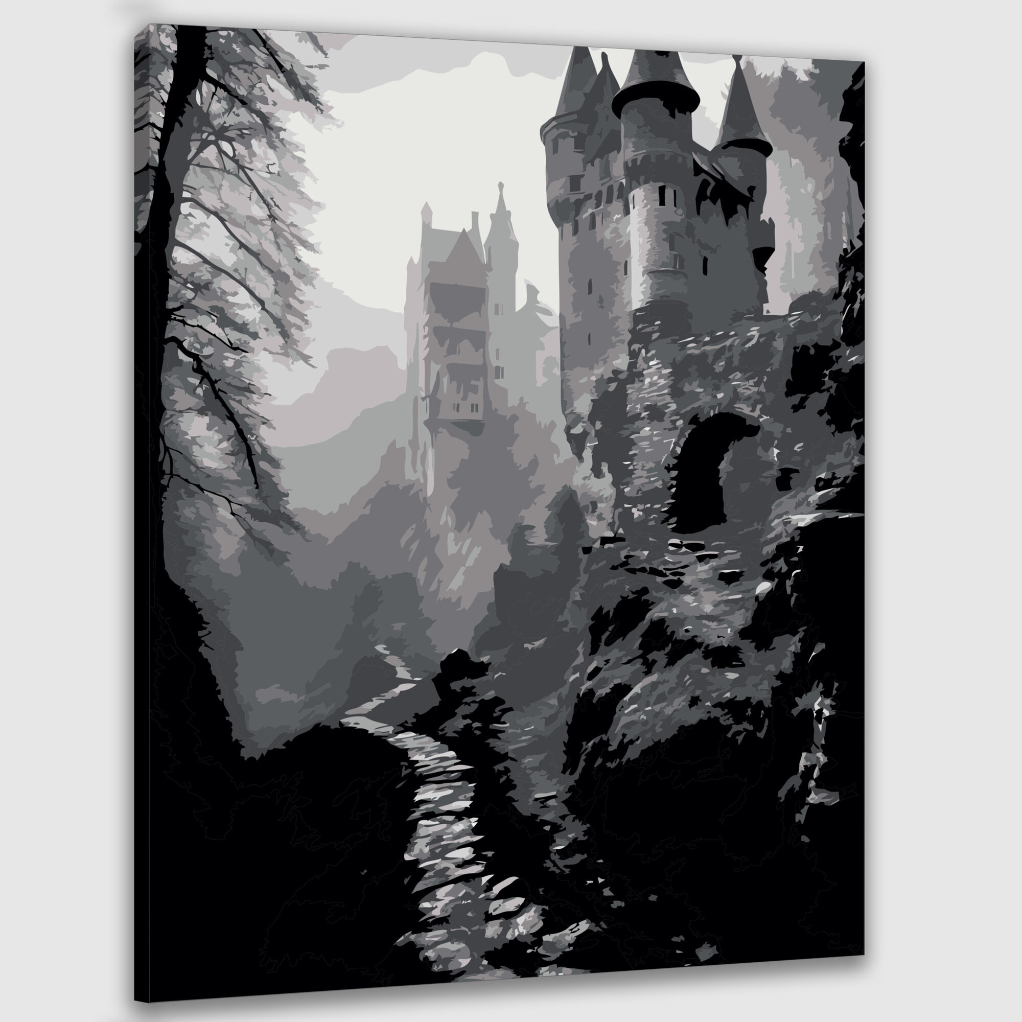 Картина по номерам 40x50 см, черно-белая фотография, древний замок, туман, жутковатые леса, высокие башни