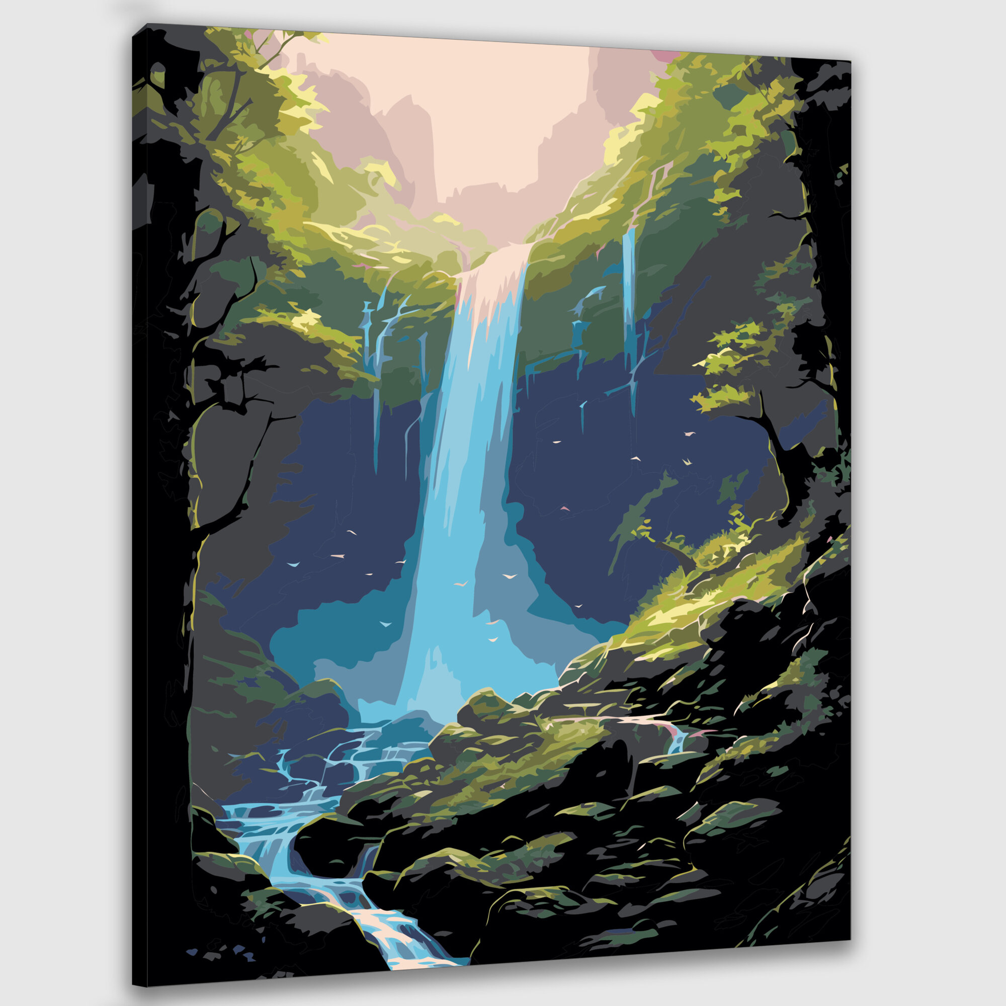 Картина по номерам 40x50 см, картина, масло, водопад, каскад, горный склон, лес, деревья, солнечный свет