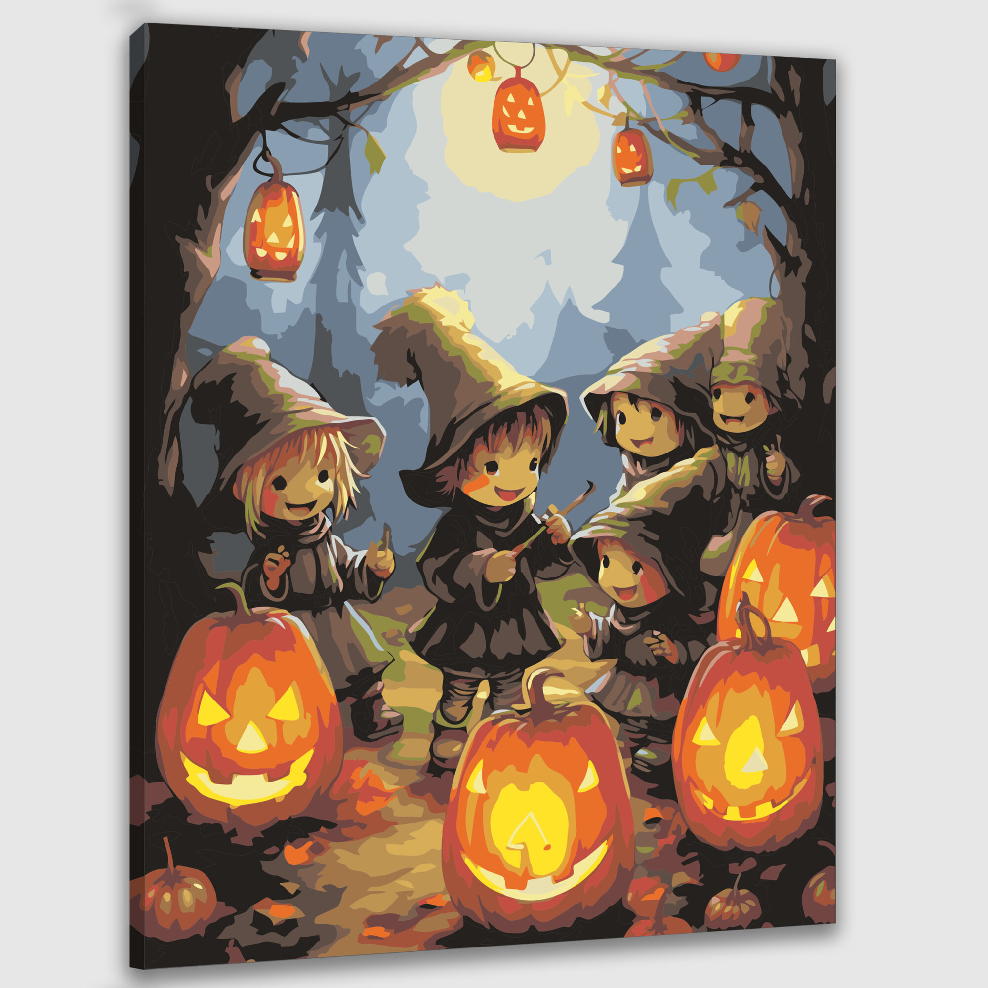 Картина по номерам 40x50 см, дети, костюмы, Хэллоуин, тыквенная грядка, свечи, сумерки, предвкушение, удивление, тени
