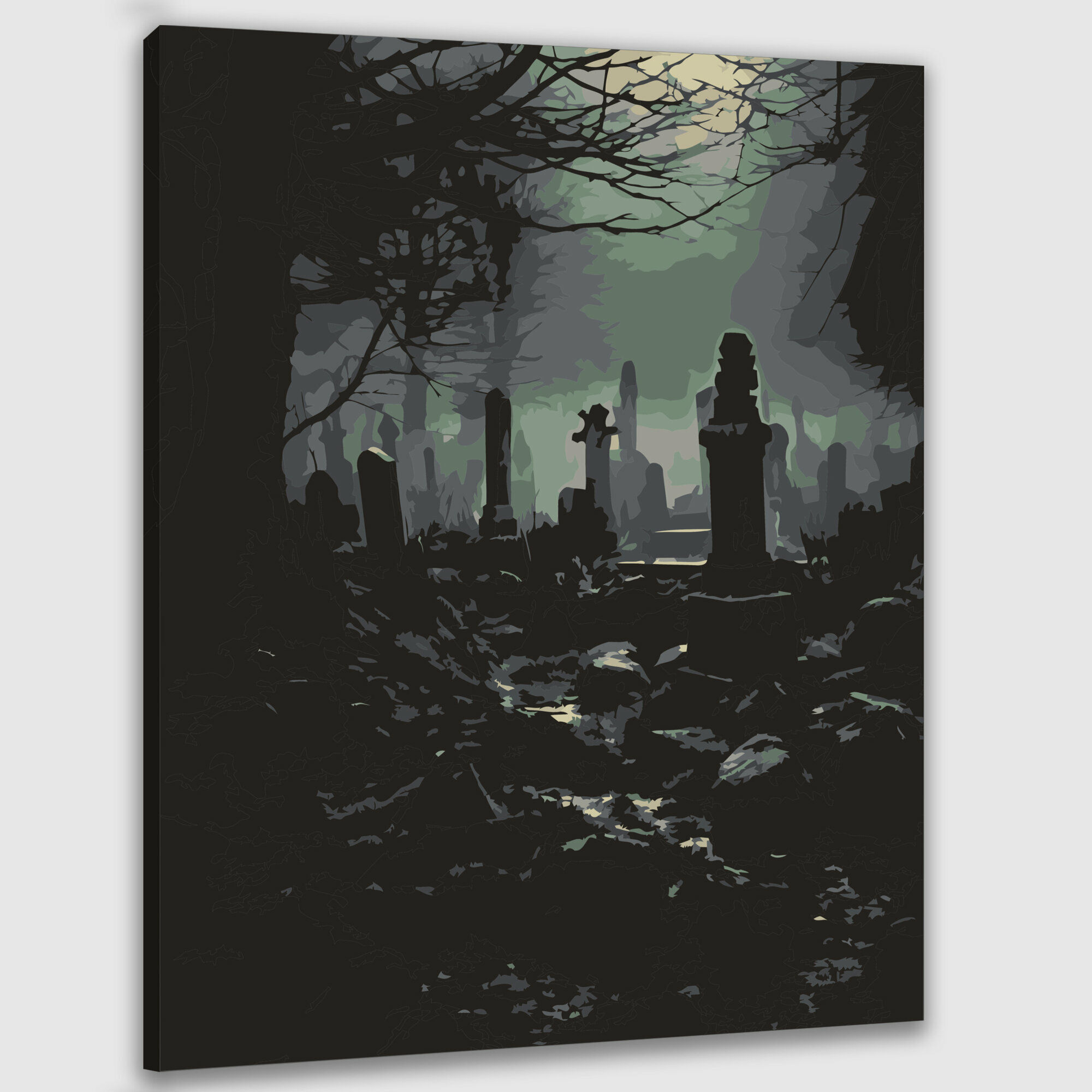 Картина по номерам 40x50 см, фотография, кладбище, туман, луна, надгробия, тишина, гравюры, неловкость, таинственность