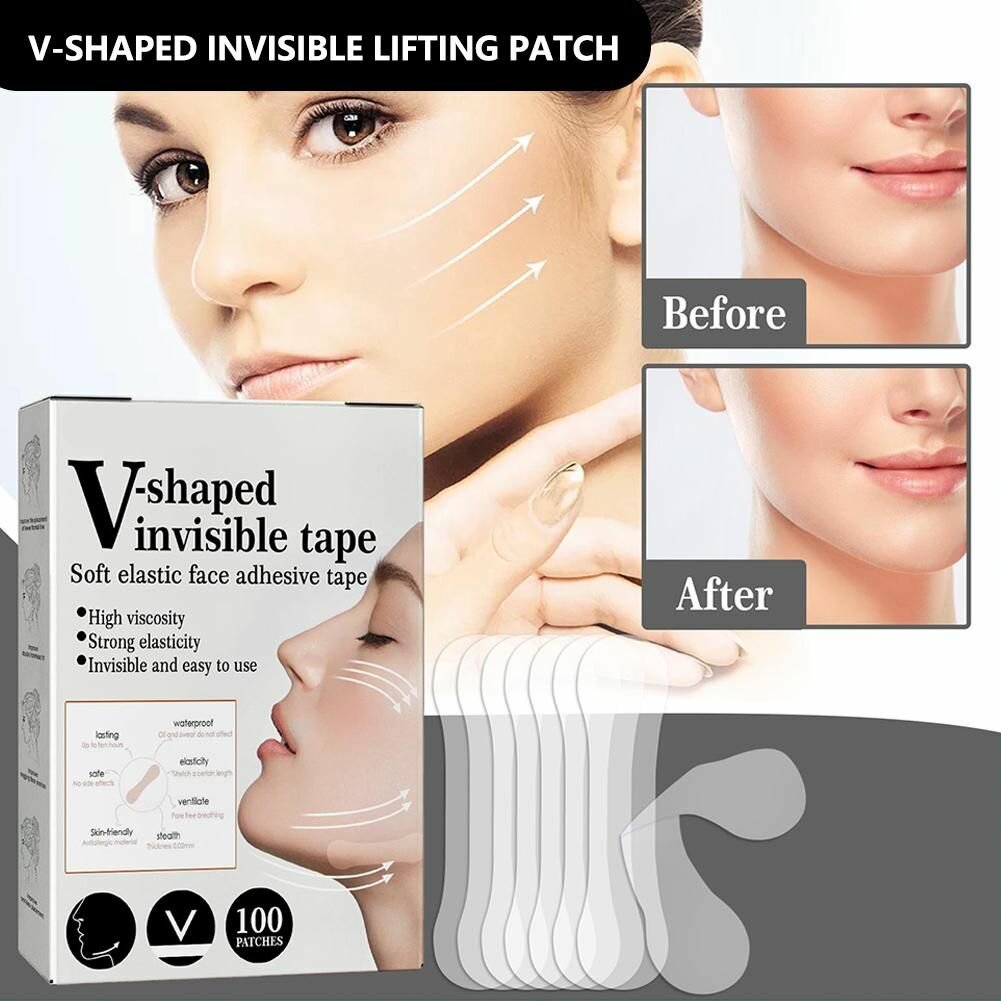 V-образные подтягивающие пластыри для лица - невидимые патчи для коррекции овала, лифтинг-ленты против второго подбородка (100 шт в упаковке)