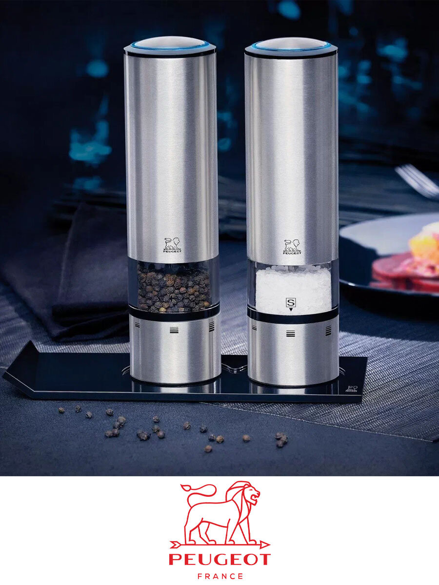 Набор мельниц электрических Duo Sense Elis для соли и для перца, 20 см, электрическая перечница с подставкой Peugeot