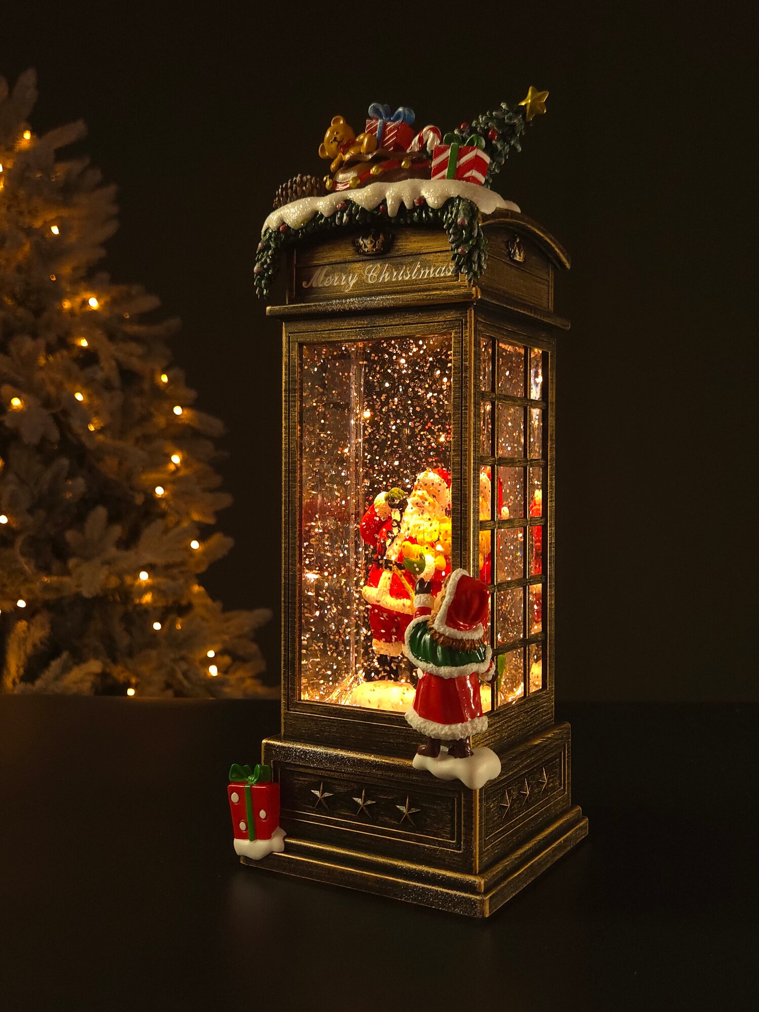 Новогодний фонарь "Телефонная будка с Дедом Морозом", музыкальный, LED, USB, 3*АА, 31*10*10 см