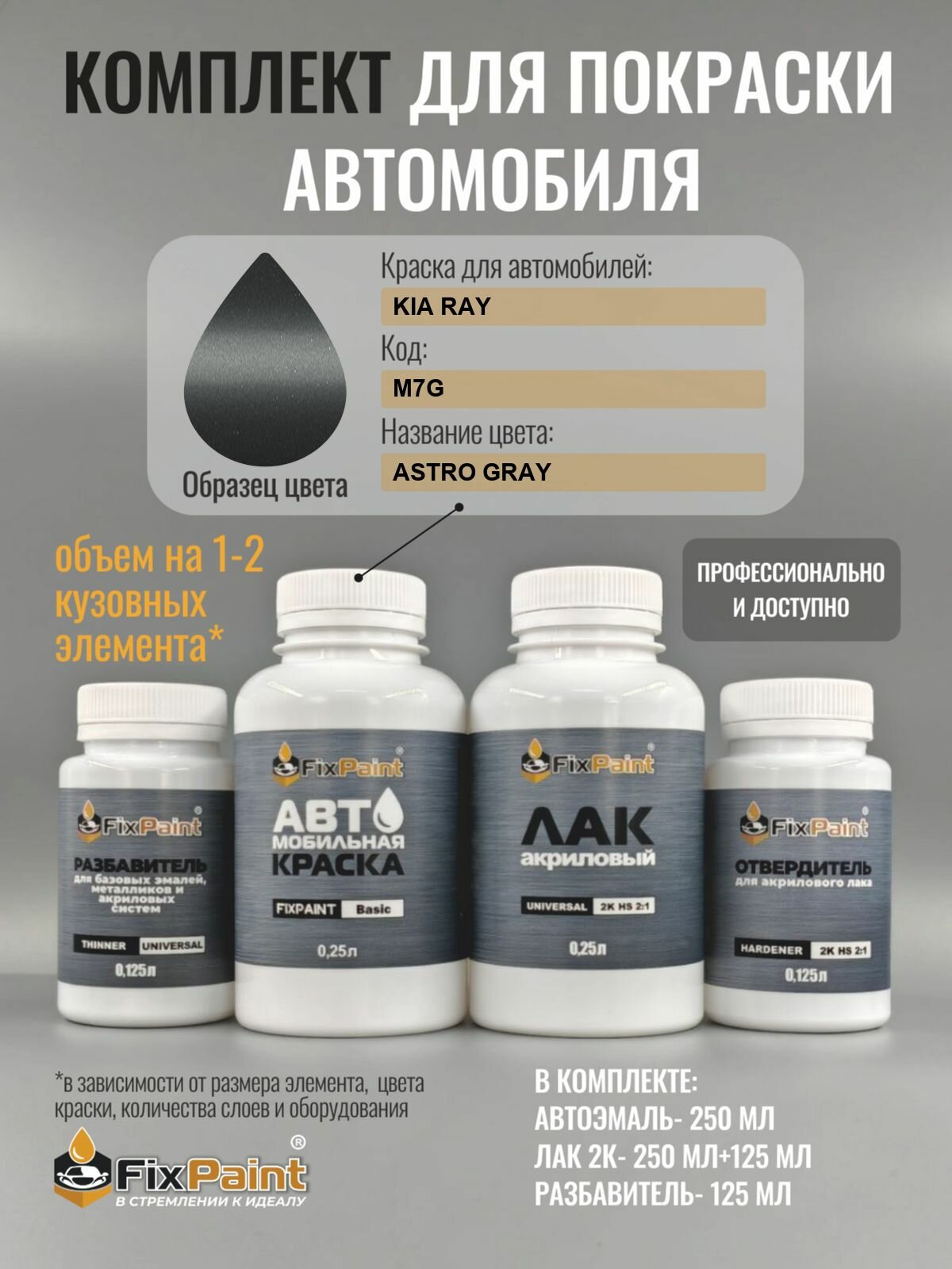 Комплект для покраски KIA RAY, код M7G, ASTRO GRAY, базовая автомобильная краска 250 мл, лак 2K 250 мл с отвердителем, разбавитель 125 мл, FixPaint Pro