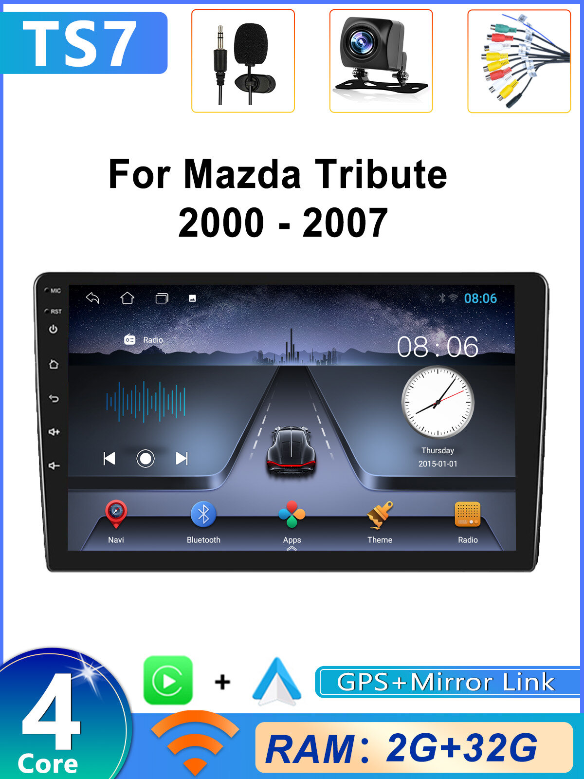 Автомагнитола для Mazda Tribute 2000 - 2007, Bluetooth Wi-Fi Сенсорные кнопки , Серебристый CARPLAY IPS