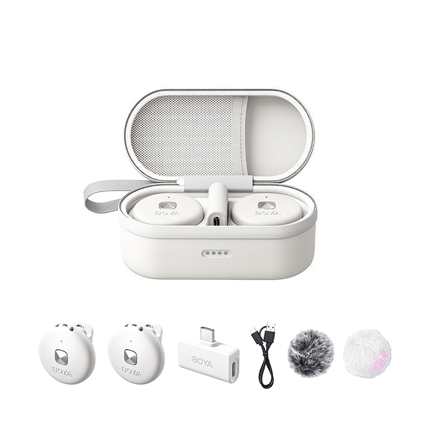 BOYA Omic Зарядное Кейс 1шт, Приемник RXU 1шт, Приемник RXD 1шт, Передатчик 2шт, Кабель Type-c 1шт, 방풍 Мех 2шт, Инструкция 1шт, 2-в-1 Модель, Коннектор Lightning, Коннектор Typ-c, Лавальный Беспроводной Микрофон, Кнопка Приема, Запись, Стирание Шума