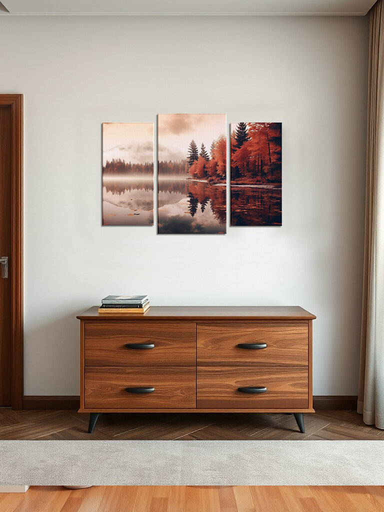 Картина модульная 100х70 см на натуральном холсте для интерьера/ Осень на озере , Diva Kartina