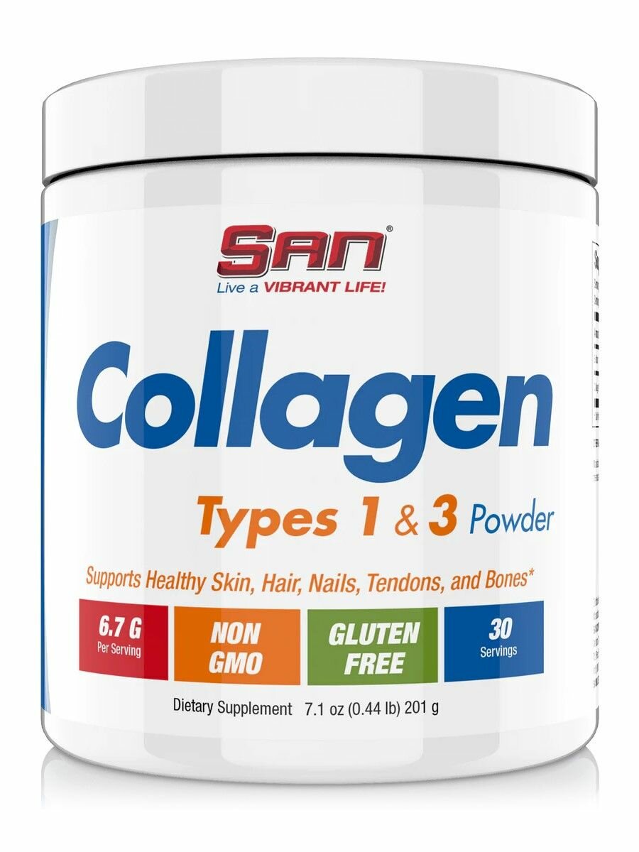 SAN Collagen Types 1 & 3 Powder 201 g, Коллаген I и III типов для суставов и связок, костей, кожи,201г, натуральный вкус