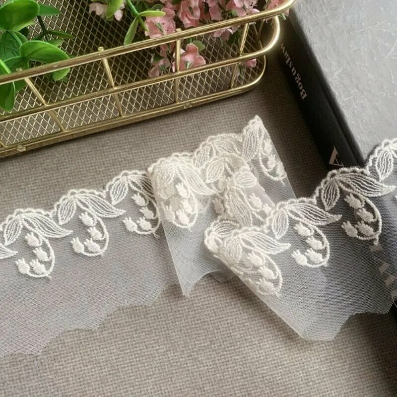 Кружевная лента с вышивкой "ландыши" на сетке 6x360 см, для свадебных платьев и DIY