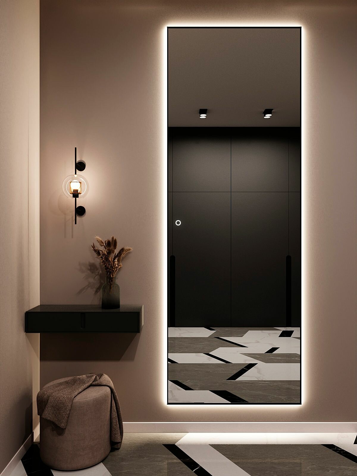 Зеркало настенное 240х80 см. черное с подсветкой сенсорное в алюминиевой раме интерьерное BLX MIRROR