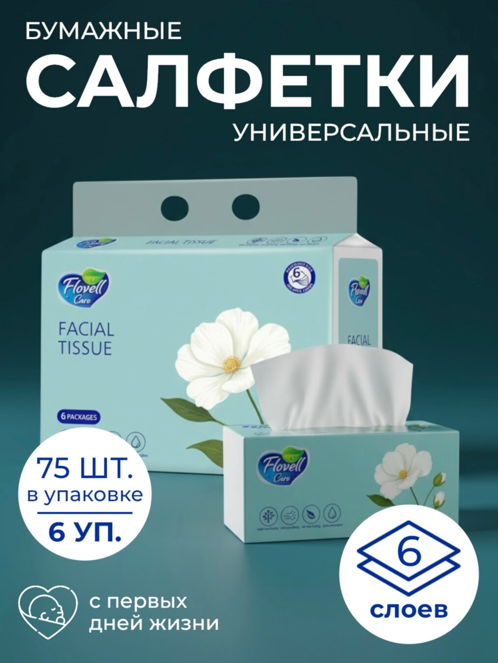 Салфетки бумажные безворсовые Flovell Care 6-слойные гипоаллергенные в мягкой упаковке