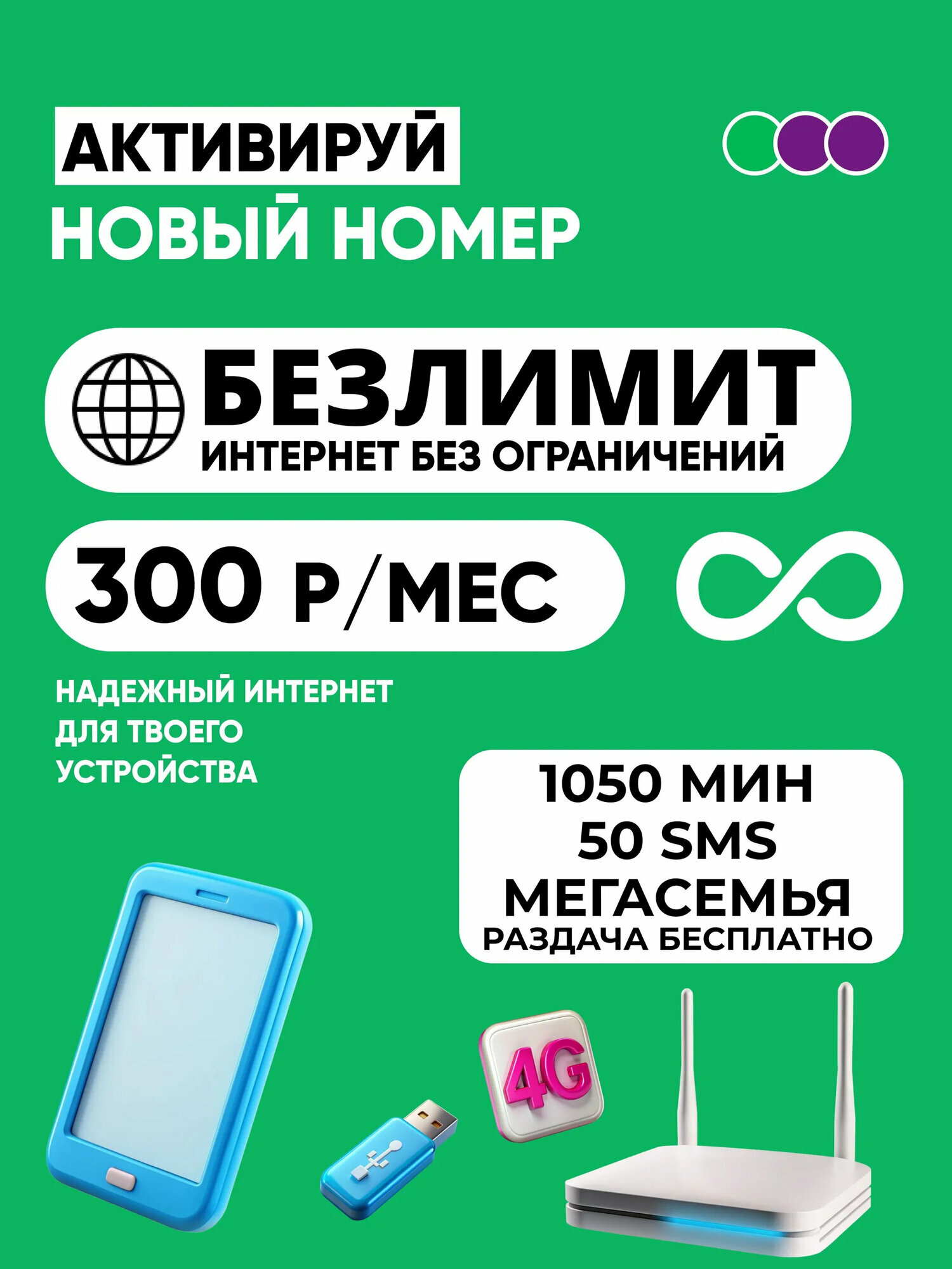 Сим-карта "МегаФон", безлимитный интернет, для устройств, 300 руб/мес