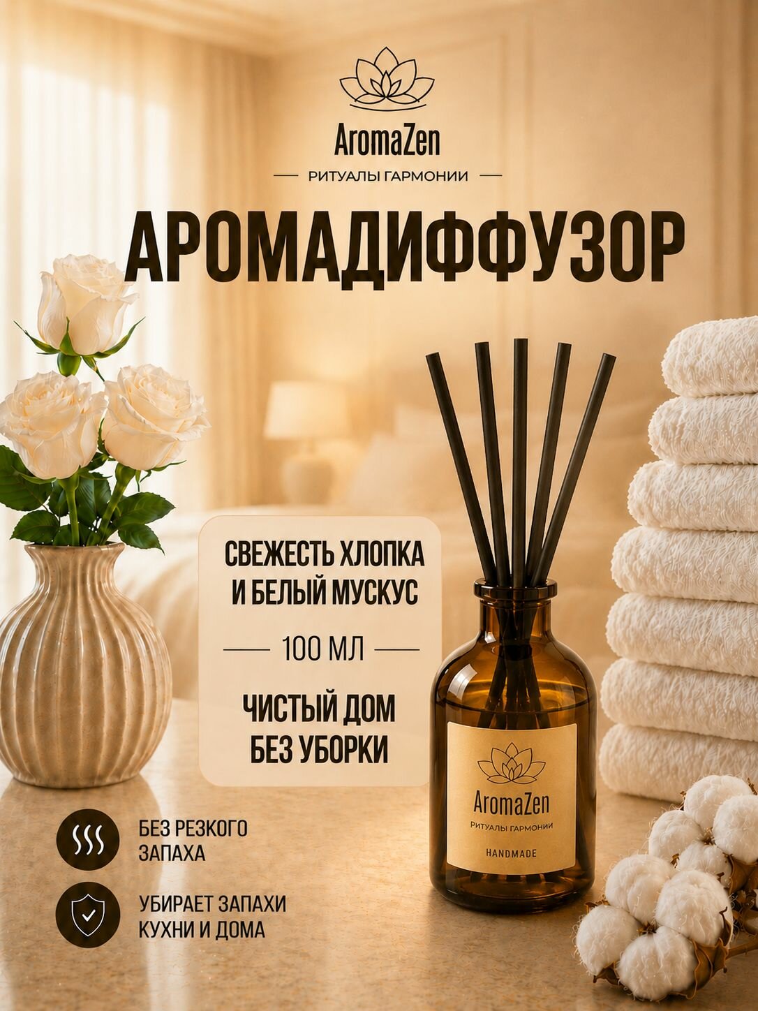 AromaZen Аромадиффузор/Диффузор для дома / ароматизатор для дома с палочками Свежесть хлопка и белый мускус 100 мл