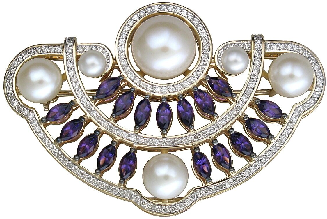 Брошь, желтое золото, 585 проба, бриллиант, жемчуг, аметист