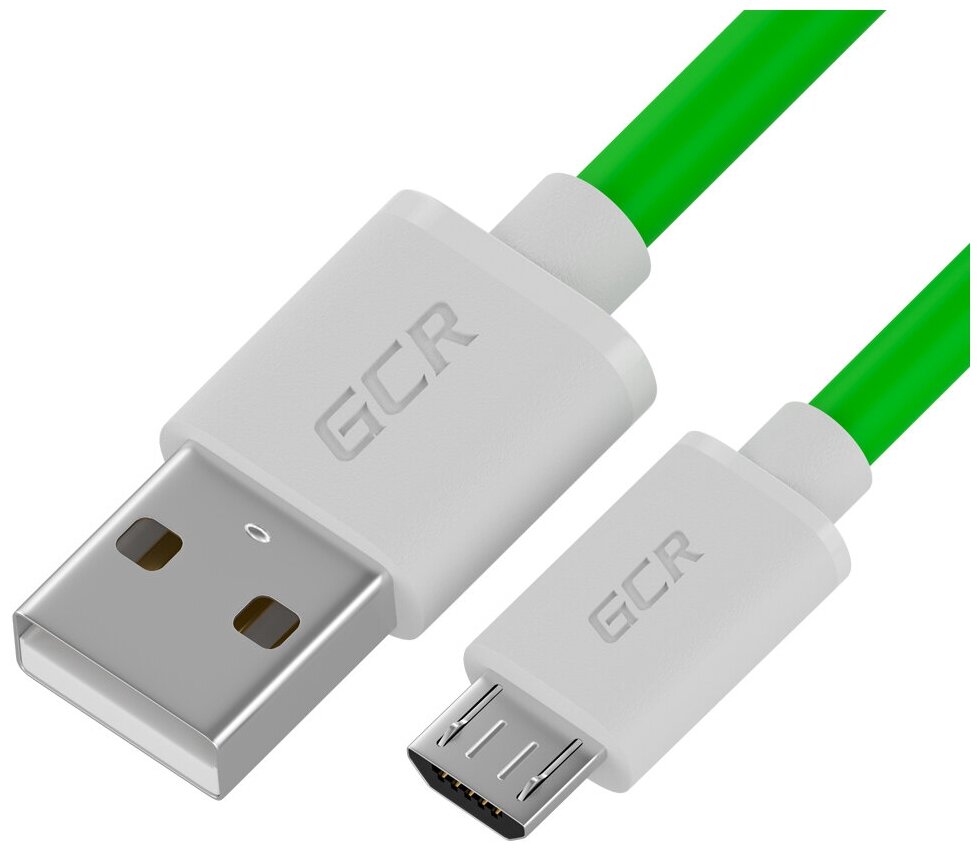 GCR QC Кабель 1.0m MicroUSB, быстрая зарядка, белый TPE, зеленые коннекторы, 28/22 AWG
