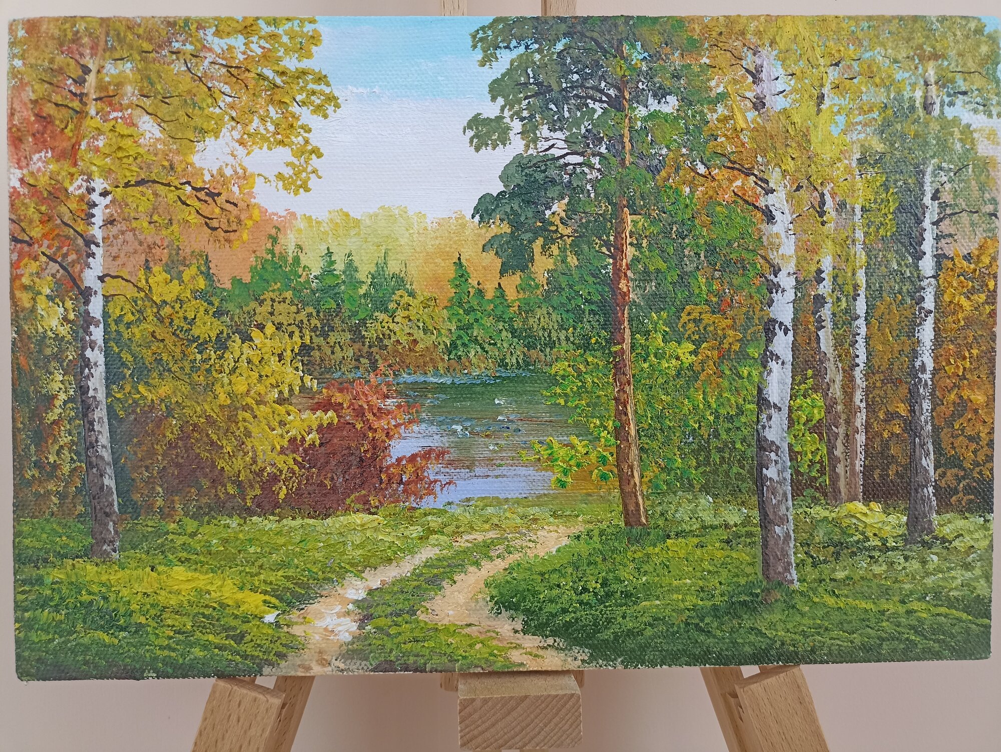 Картина масло/холст. 100% ручная работа, 100% живопись от Художественной мастерской Грёзы. Осенний пейзаж. Берёзки. Река. Тропинка. Размер картины 20х30 см.