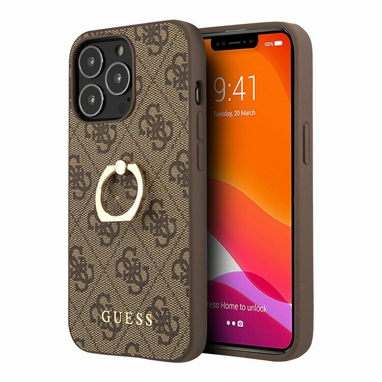 Guess чехол с кольцом-держателем для iPhone 14 Pro, PU-кожа с узором 4G коричневый