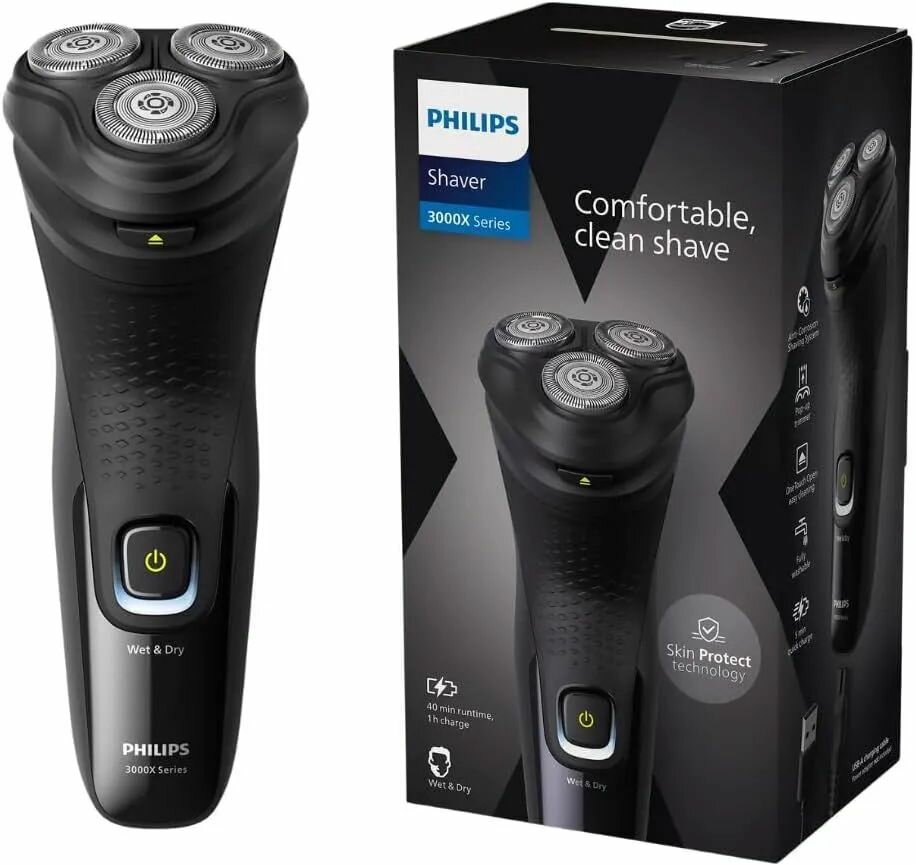 Philips Электробритва Shaver X3021/00 3000X Series Электробритва для Влажного и Сухого Бритья, черный