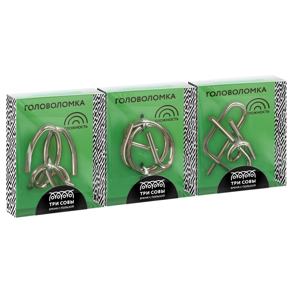 Головоломка металлическая малая ТРИ совы, ассорти, 3 уровень сложности, 3 штук, 370194
