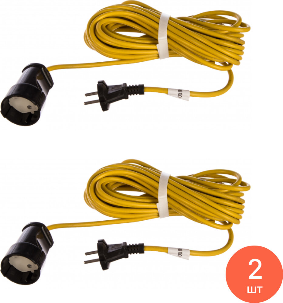 Удлинитель шнур силовой СОЮЗ без заземления, провод ПВС 2х0.75 желтый, 1 штепсельное гнездо, 10м, 48832 / электрика (комплект из 2 шт)