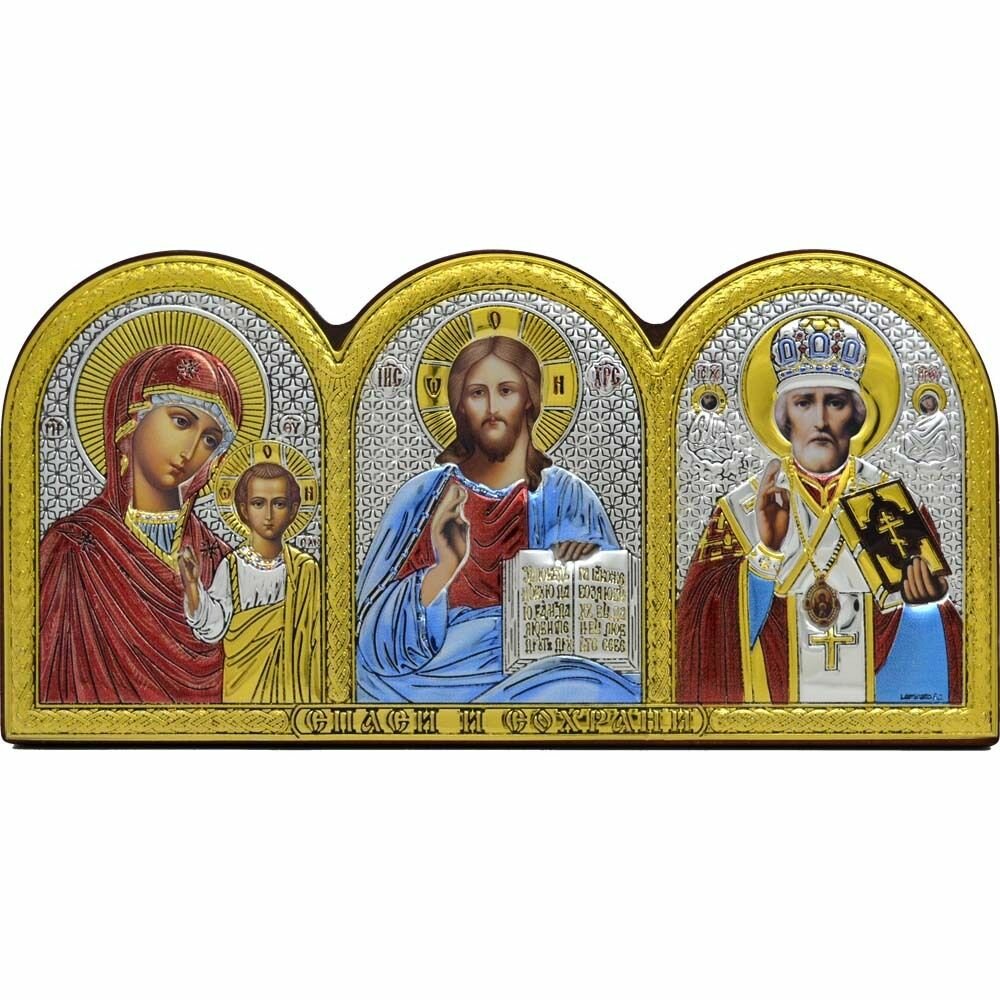 Триптих (Иисус Христос, Божия Матерь, Николай Чудотворец) (9 х 19 см / Цветной защитный лак. Позолота на окладе. / 19)