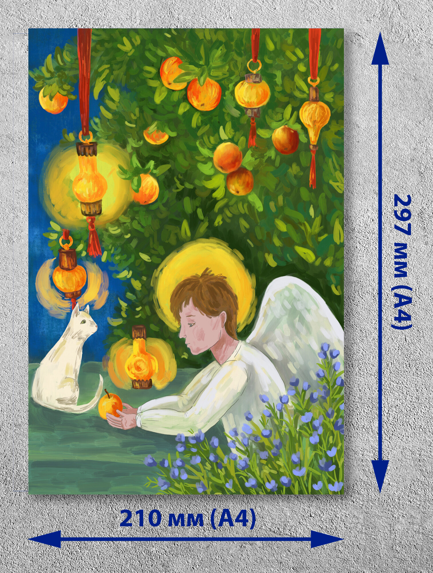 Плакат для дома 21 см на 30 Картина для интерьера с ангелом и котом