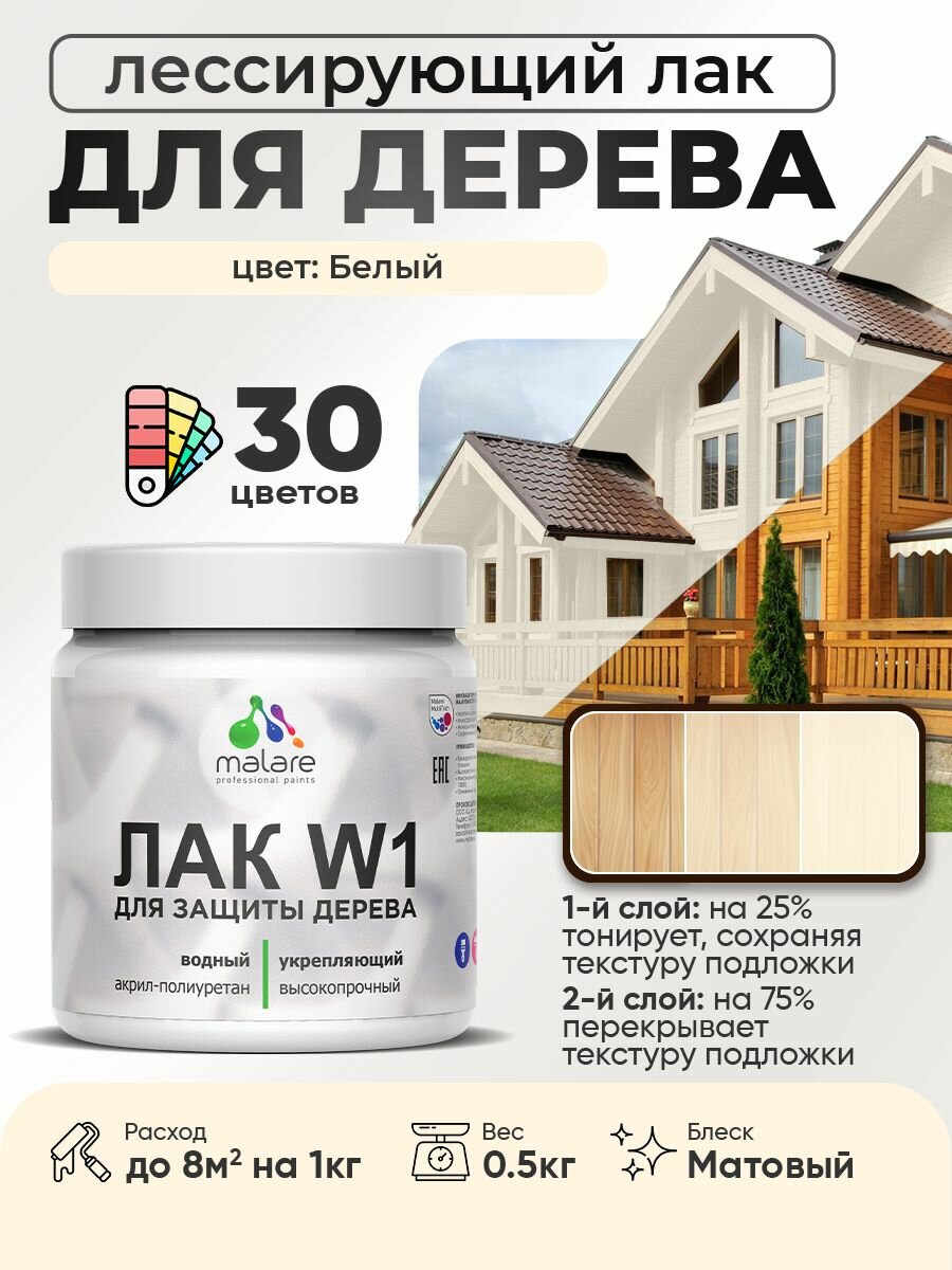 Лак колерованный тонирующий для дерева Malare W1 для деревянных и минеральных поверхностей, моющийся без запаха быстросохнущий, матовый, белый, 0.5 кг.