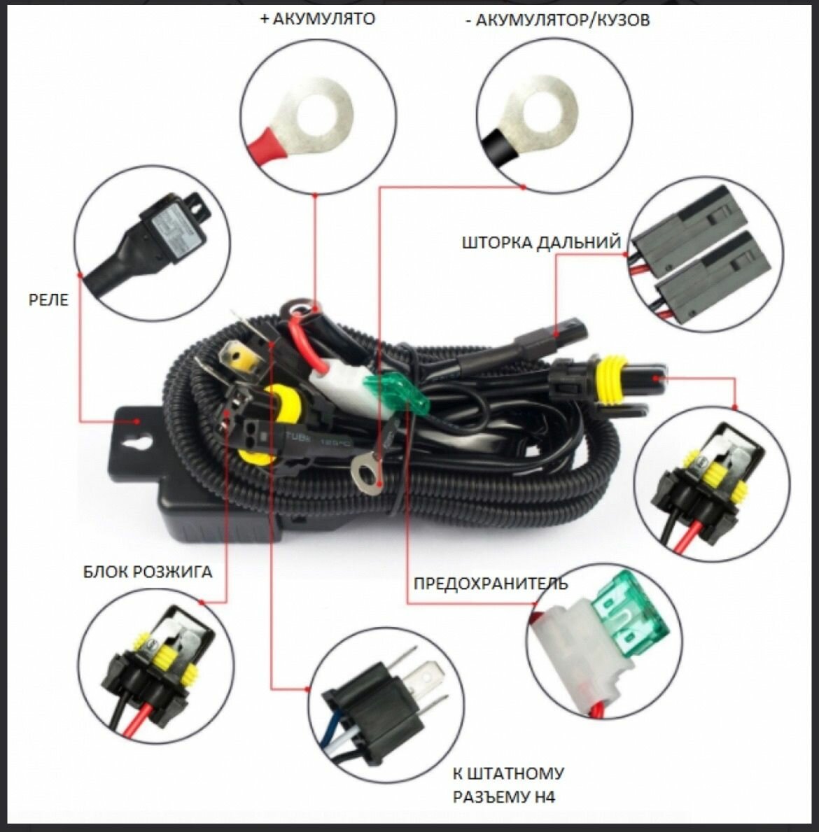 Проводка H4 - проводка для линз - ближний / дальний ( Коса / Реле ) Биксеноновая проводка