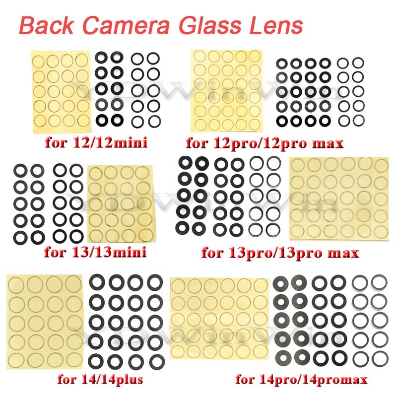 10 комплектов/партия стекло для объектива задней камеры для iPhone 12 13 14 15 Pro Max Mini Plus, Задняя стеклянная крышка с наклейкой, замена клея 10sets For 14 promax