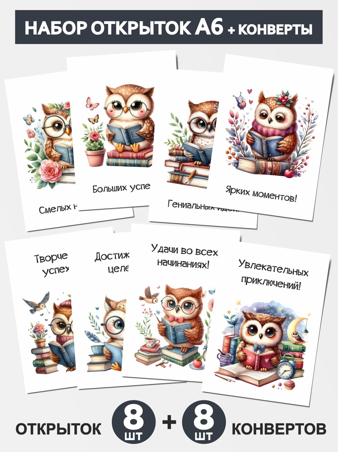 Набор школьных почтовых открыток А6 - 8 шт и крафт-конверт С6 - 8 шт, для подарков выпускнику, ученикам на 1 сентября и День Рождения, Школьная сова #012 - №1, postcard_8_school_owls_#012_А6_set_1