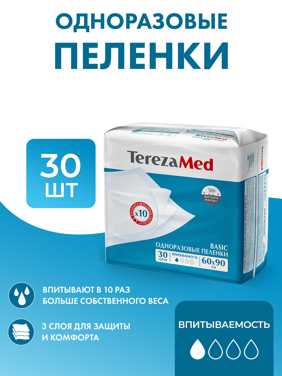 Пеленки одноразовые TerezaMed Basic 60x90, 30 шт