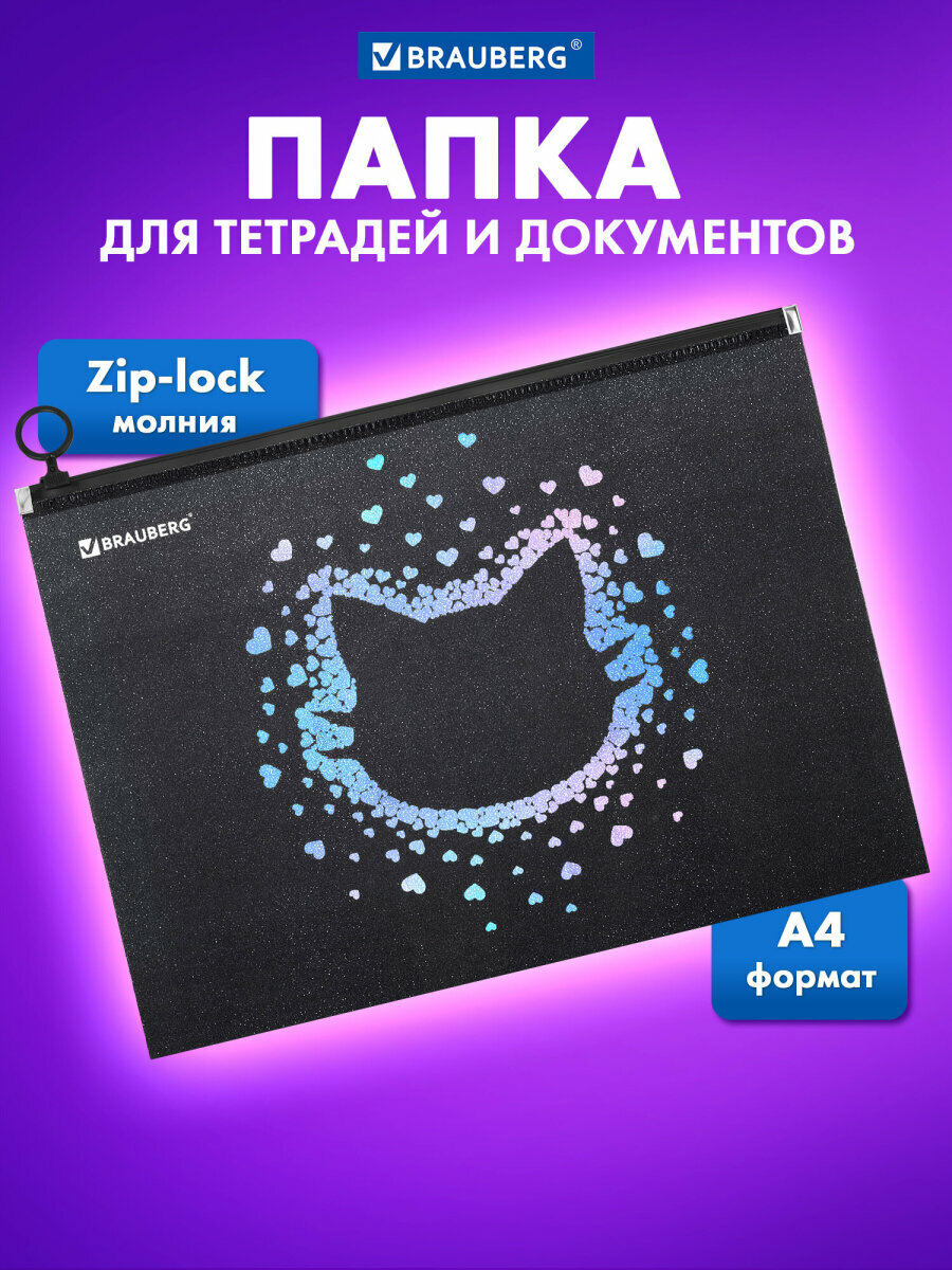 Папка для тетрадей, труда, рисования и изо А4 для девочек на zip-lock молнии, канцелярия для школы, 1 отделение пластик, Brauberg, 273319