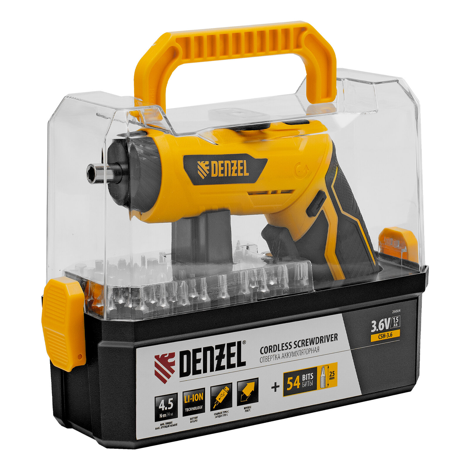 Отвертка аккумуляторная DENZEL CSH-3.6, 54 биты, Li-Ion, 3,6 В (26004)