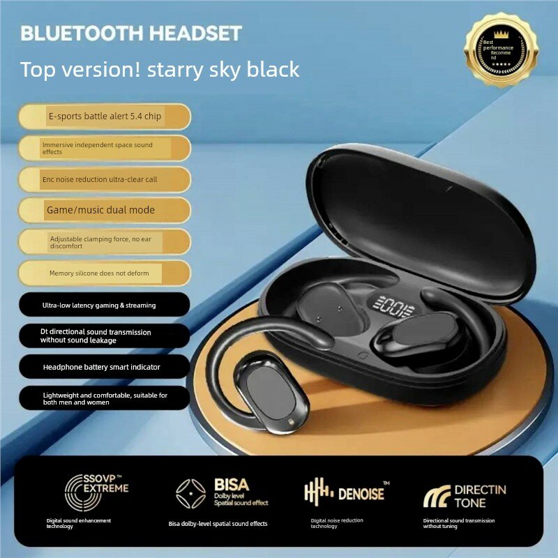 Звездно-черные беспроводные наушники Bluetooth с шумоподавлением, длительным сроком работы для спорта — дизайн над ухом