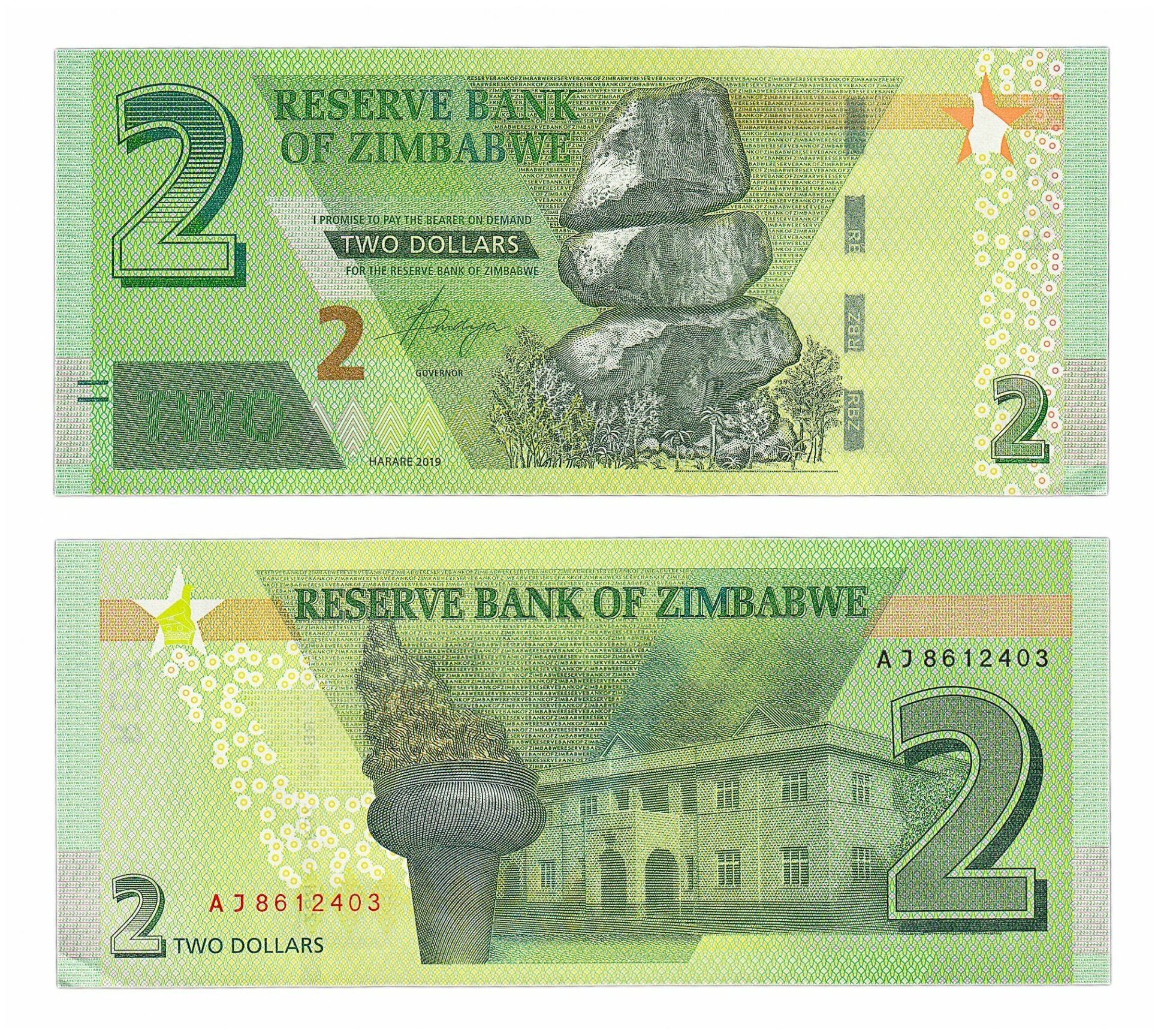Зимбабве -2 доллара 2019 год "Балансирующие камни Чиремба - Парламент" P-101a UNC