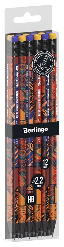 Berlingo Набор карандашей ч/г Berlingo "Tribe" HB, 12шт, черное дерево, круглый, заточен, с ластиком, ассор