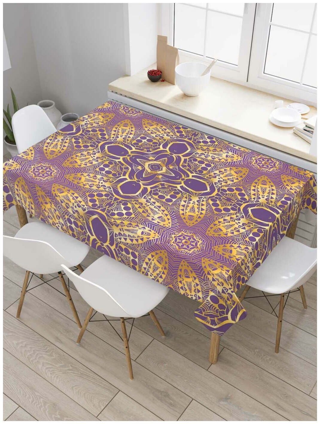 Прямоугольная водоотталкивающая скатерть на стол "Круглые ажуры" 120х145, JoyArty