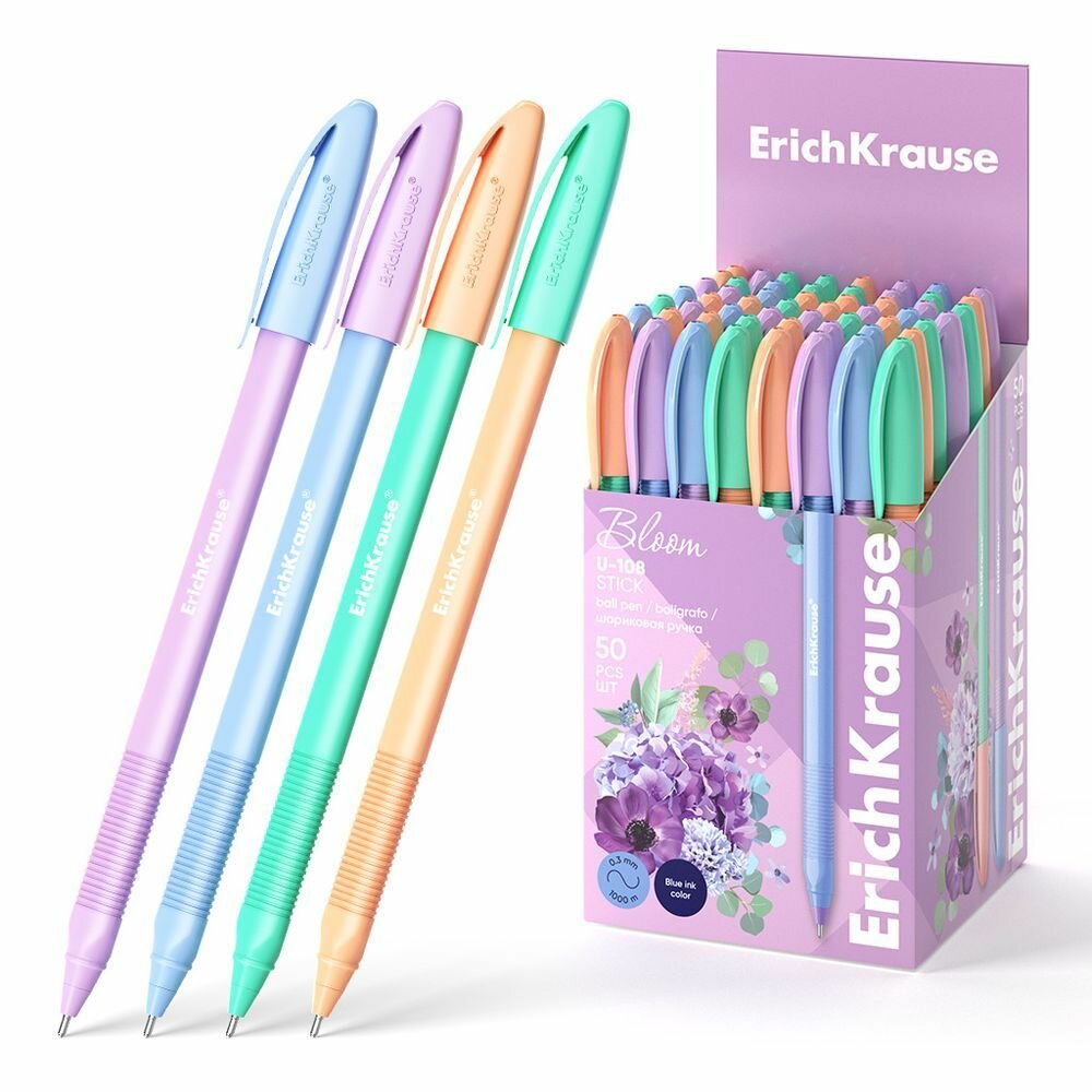 Ручка шариковая ErichKrause U-108 Stick Pastel Bloom 1.0, Ultra Glide Technology, цвет чернил синий (в упаковке 3 штуки)