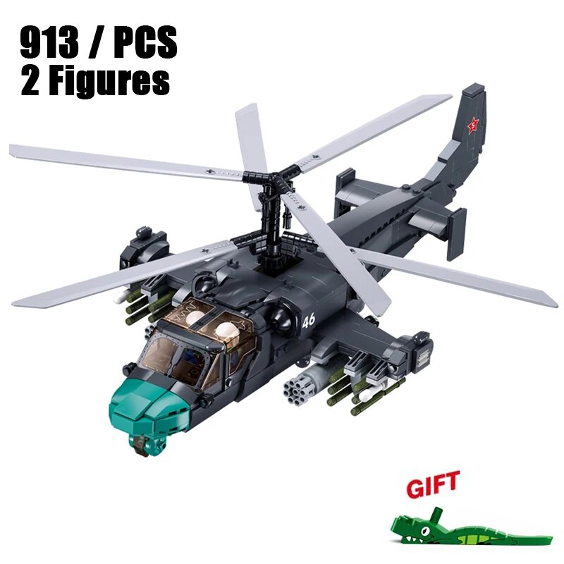 Блочный конструктор SLUBAN вертолет Ka-52, 913 деталей, 2 фигурки, без коробки