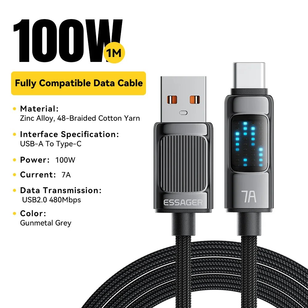 Кабель Essager 7A USB Type-C для iPhone 15 Pro Max 100 Вт/88 Вт, шнур USB C для быстрой зарядки 2m
