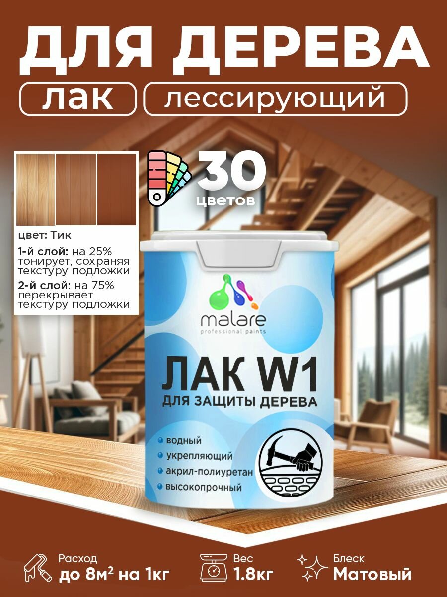 Лак колерованный тонирующий для дерева Malare W1 для деревянных и минеральных поверхностей, моющийся без запаха быстросохнущий, матовый, тик, 1.8 кг.