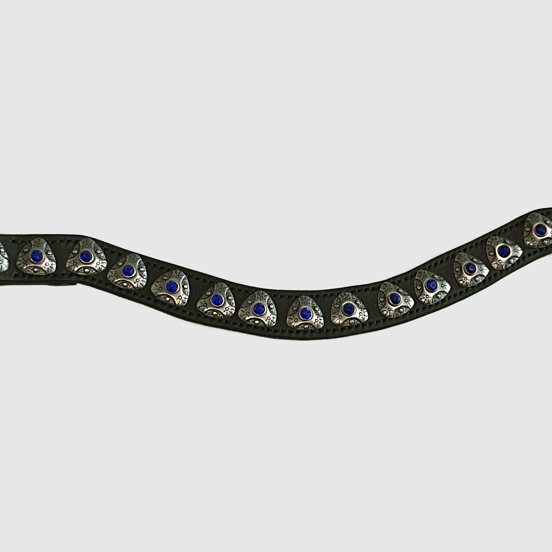 Налобный ремень для уздечки со стразами. Черный кожаный налобник для лошади + синие стразы