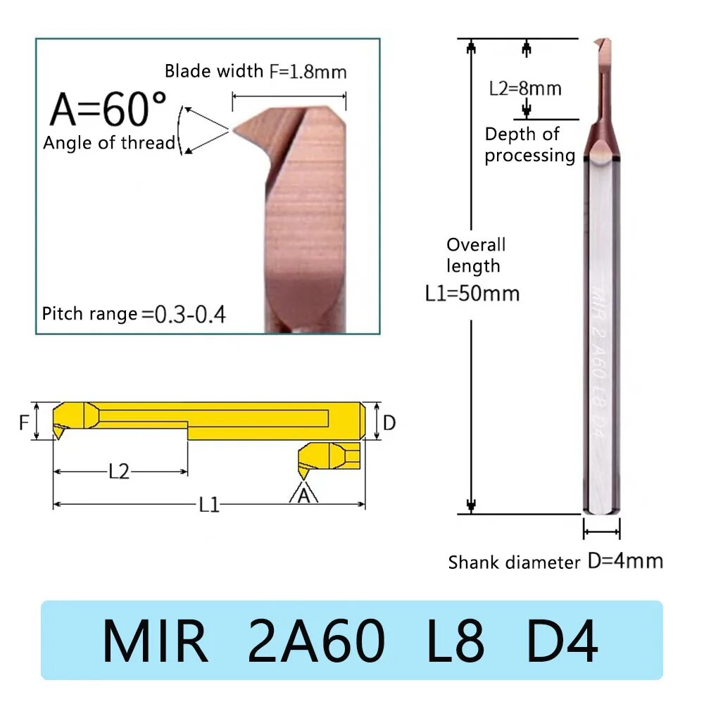 HRC58 MIR A60 расточный инструмент для резьбы с небольшими отверстиями MIR2 MIR3 MIR4 MIR5 MIR6 MIR7-8-10 расточный резак для внутренних отверстий из вольфрамовой стали MIR 2 A60 L8 D4, 1 PCS