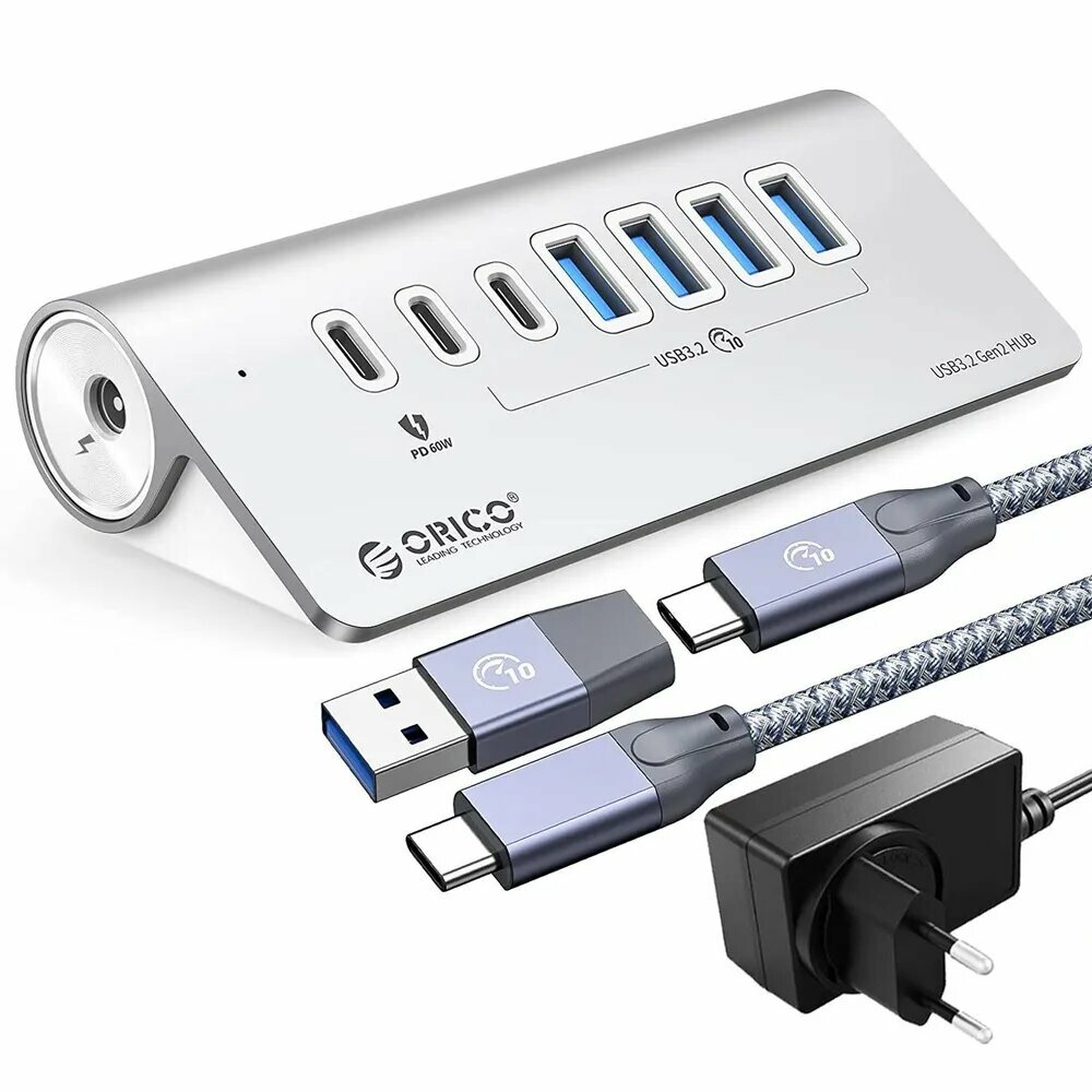 USB хаб 7 в 1 M3U4C3 Type-C USB HUB Type C Эргономичный дизайн, хаб USB 3.2 MacBook, USB-A USB-C до 10Gbps 24V 3A PD60W, 0.5м